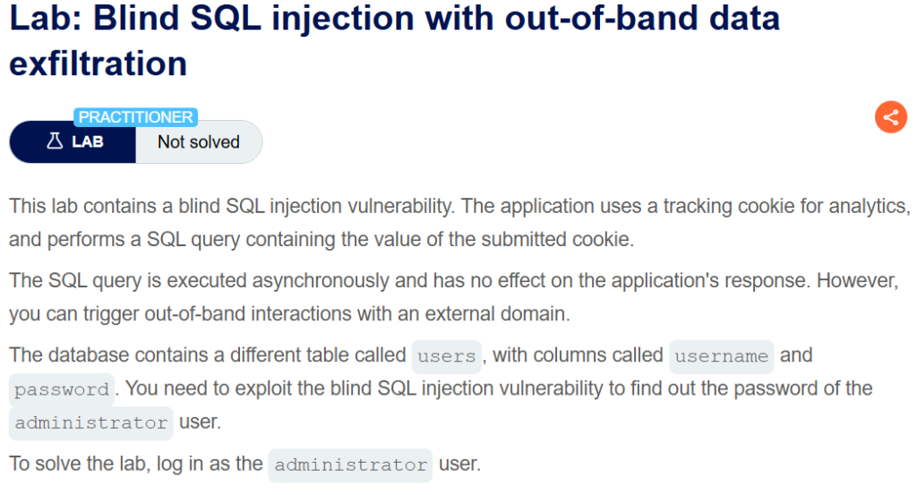 Blind SQL injection with out-of-band data exfiltration writeup - cyberhub.es